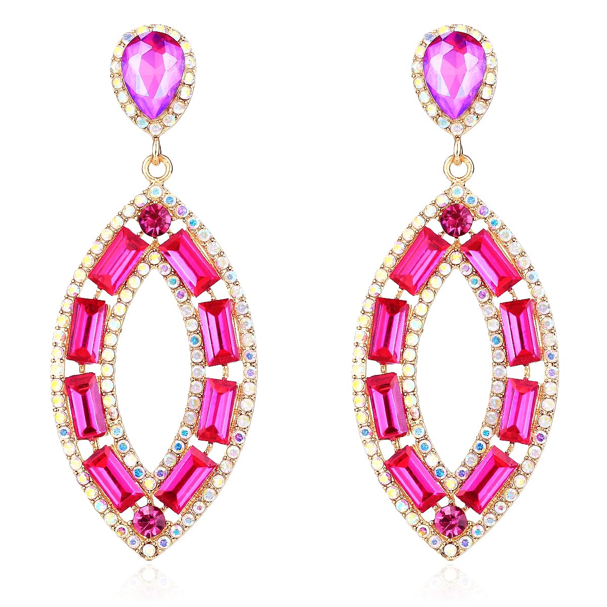 KELMALL Teardrop Rhinestone Earrings for Women Crystal Geometric Water drop Dangle Statement Earrings-Rose Pink