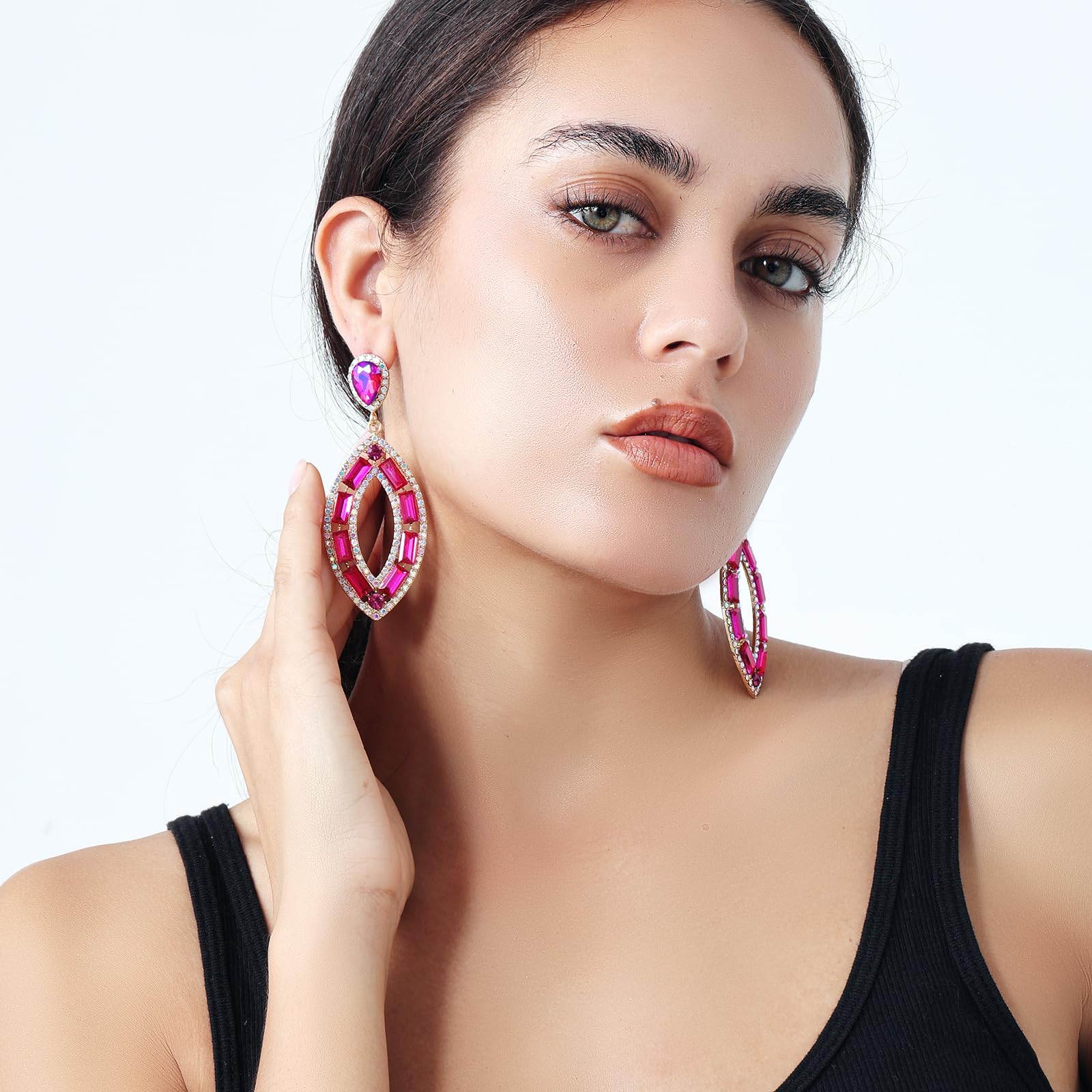 KELMALL Teardrop Rhinestone Earrings for Women Crystal Geometric Water drop Dangle Statement Earrings-Rose Pink