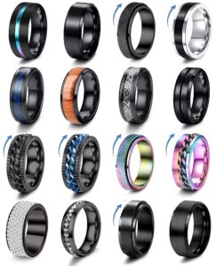 besteel 16pcs stainless steel band rings for men women fidget anxiety relief rings cool chain beveled edges celtic black band spinner rings set for wedding promise mens rings pack