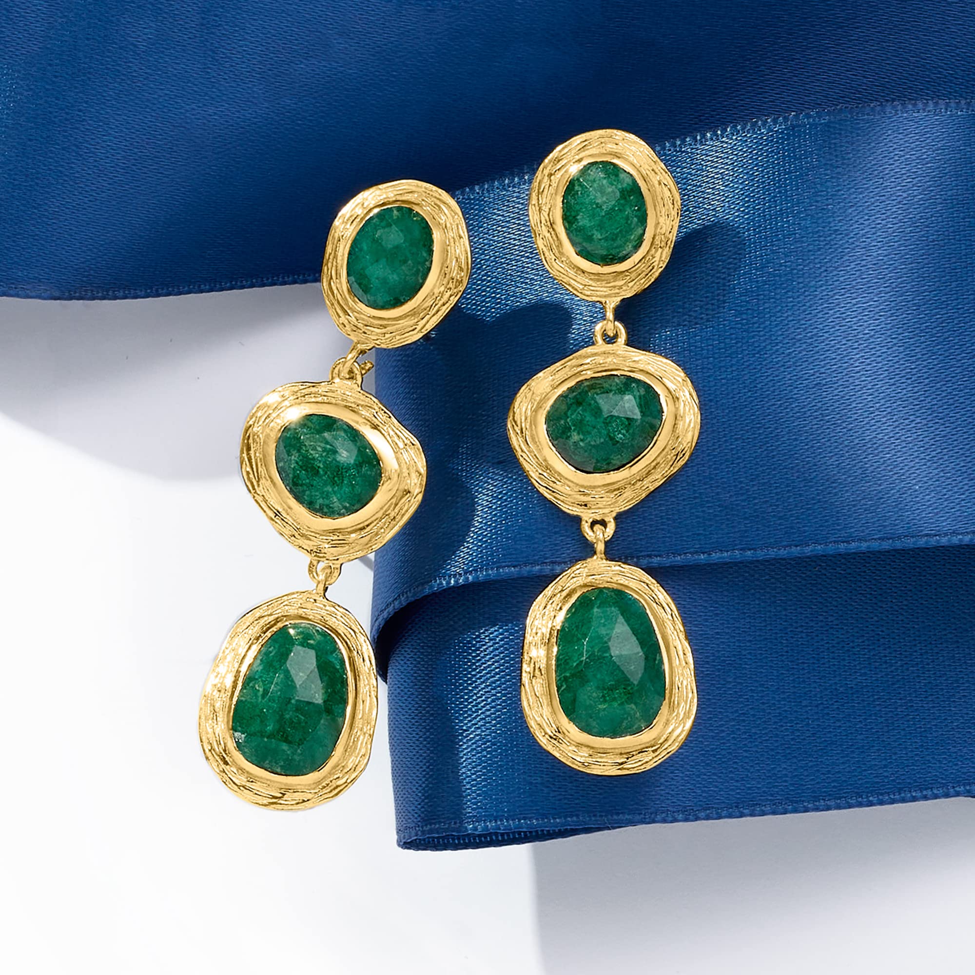 Ross-Simons 17.90 ct. t.w. Emerald Station Drop Earrings in 18kt Gold Over Sterling