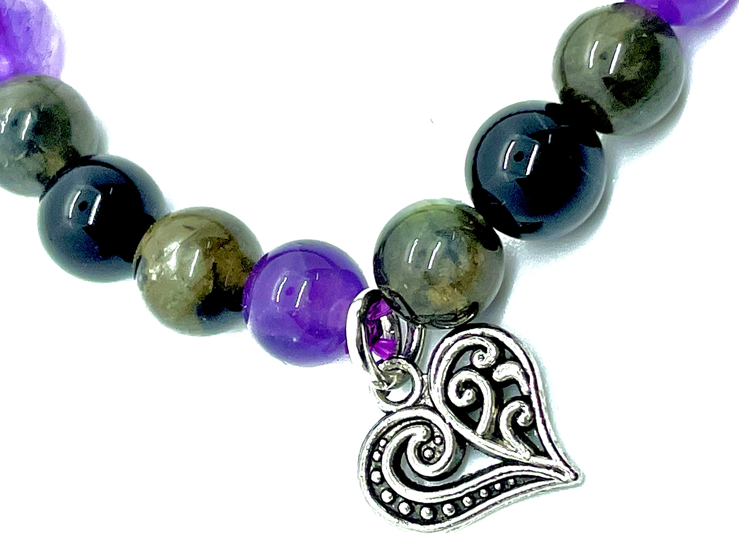 DCE Triple Stone OPTIMUM PROTECTION Gemstonets - Evil Eye for Protection - Labradorite - Amethyst - Black Tourmaline Beaded Healing Crystal Elastict with Heart Charm By DAZZLING CRYSTA