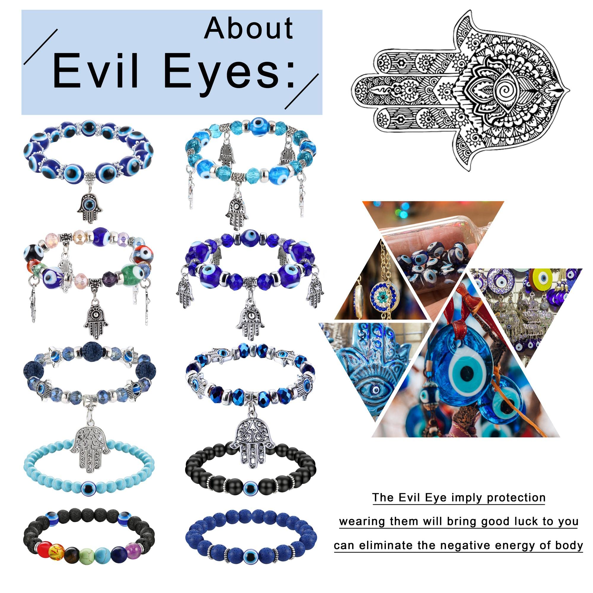 Ubjuliwa 10pcs Evil Eye Bracelet for Women Men Hamsa Blue Evil Eye Beaded Charm Stretch Bracelet Hand of Fatima Turkish Protection Bracelet Chakra Evil Eye Jewelry Gift