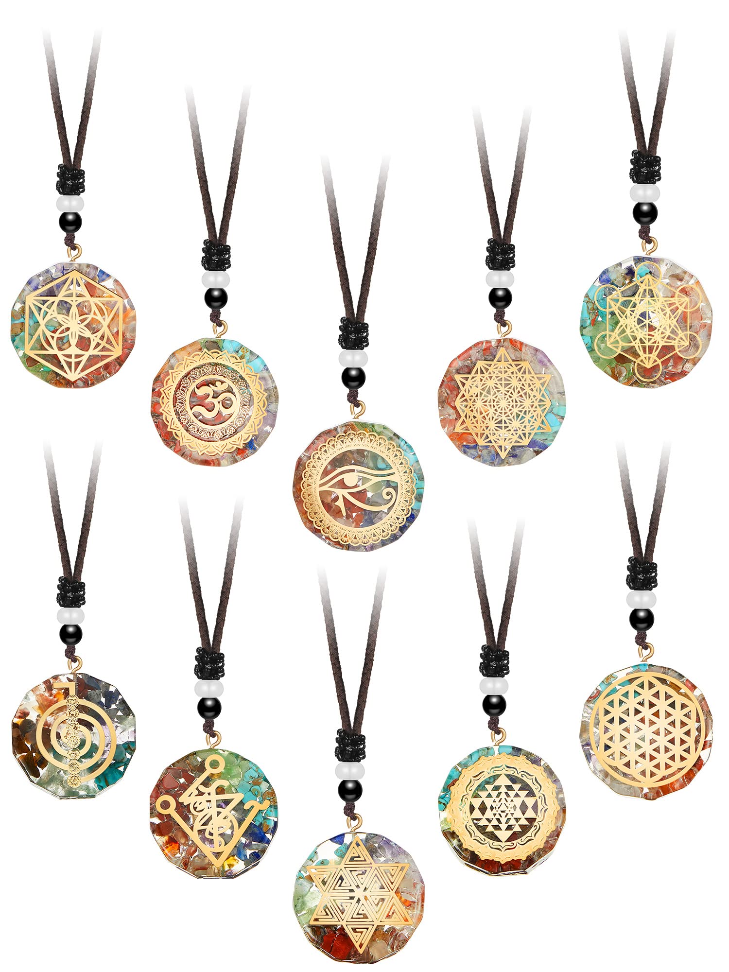 Batiyeer 10 Pieces Chakra Necklace Orgonite Necklace Crystal Pendant Necklace Spiral Chakra Healing Energy Necklace Adjustable Reversible Pendant for Women Men,1.4 Inches (Classic)