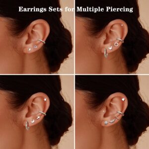 FASACCO 21Pairs Stainless Steel Earrings Silver Hoop Stud Earrings Sets for Multiple Piercing Small Tiny Stud Earrings Small Huggie Hoop Earrings