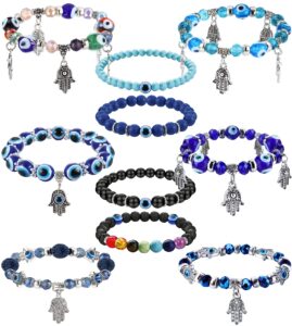 ubjuliwa 10pcs evil eye bracelet for women men hamsa blue evil eye beaded charm stretch bracelet hand of fatima turkish protection bracelet chakra evil eye jewelry gift