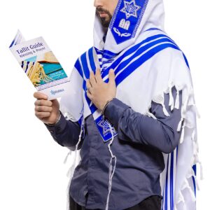 Large Tallit Prayer Shawl with Matching Bag, Certified Kosher, With Blessing On Neckband & Uniq Design on the Corners, Made in Israel, Soft Tallit Prayer Shawl For Men & Women - Blue, 60 - H55 x W75