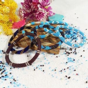 Beaded Bracelets traditional American native style roll-over and stretchable crochet rope handmade jewelry [unisex] (BlueMixSet6, cz glass seed beads 11/0)