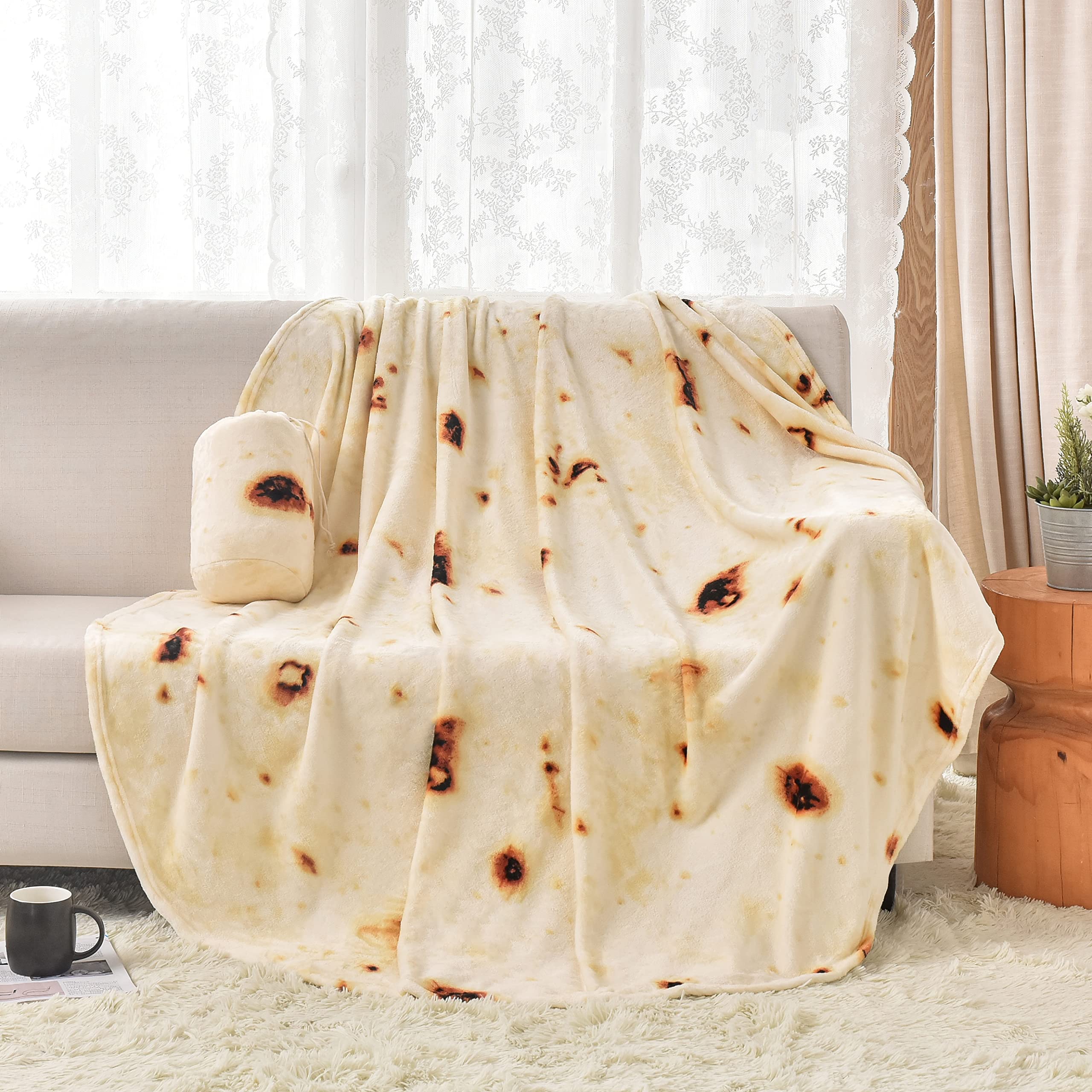 Bnuitland Burritos Tortilla Blanket,300GSM Double Sided Giant Funny Gift Throw with Burrito Pouch,Realistic Super Soft Taco Food Blanket,Novelty Sofa Blanket for Kids/Pets and Adults