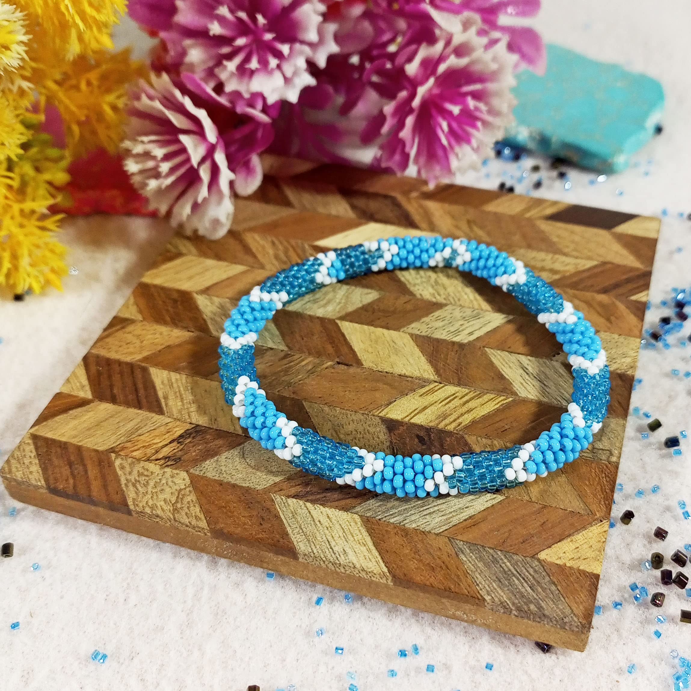 Beaded Bracelets traditional American native style roll-over and stretchable crochet rope handmade jewelry [unisex] (BlueMixSet6, cz glass seed beads 11/0)