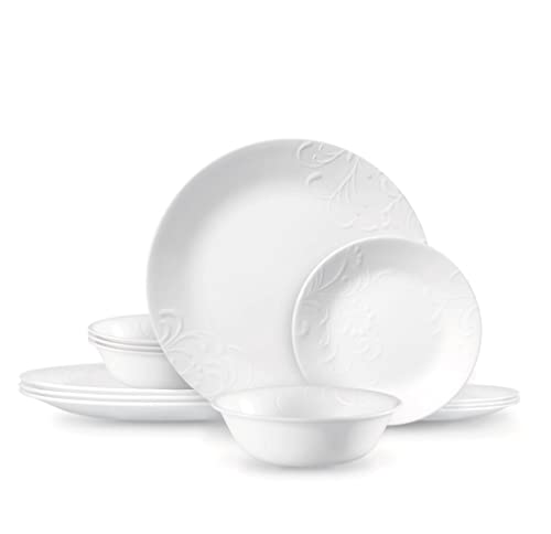 Corelle Madeline Embossed 12 Piece White Dinnerware Set