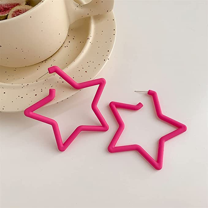 80 90s Colorful Classic Big Star Triangle Heart Shape Hoop Earrings Retro Neon Frosted Geometric Candy Color Dangle Piercing Earring for Women Costume Accessory Party Jewelry-A pink star