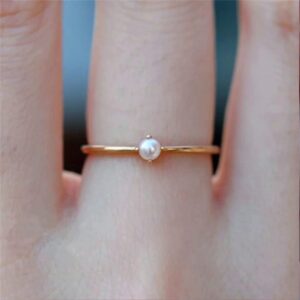 WDIYIEETN 18K Gold Plated Simple Pearl Ring Four Claw Round Dainty Pearl Ring Ladies Wedding Ring (5)