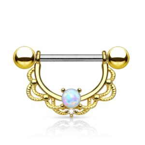 pair of opal fligree 14k gold plated surgical steel nipple rings barbells 14g - gold