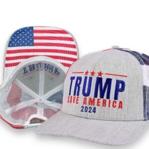 Donald Trump 2024 Save America Hat American Flag MAGA Trucker Hat for Republicans and President Supporters | Perfect for a Trump Rally Grey