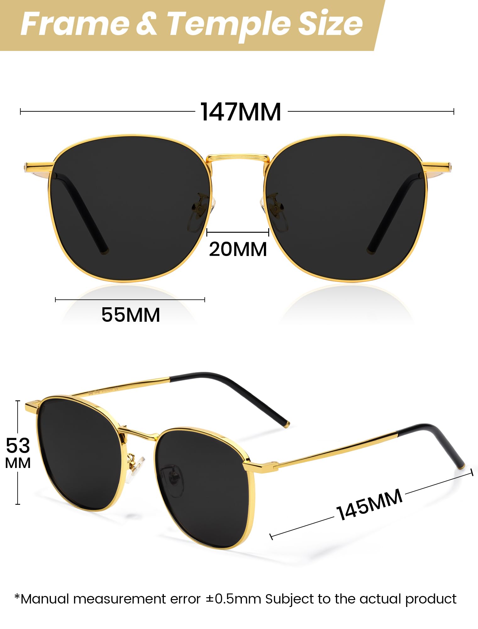 Veda Tinda Vision Sunglasses Women and Men Trendy Retro Square Black TAC Gold Frame Polarized UV400 Protection C09S01