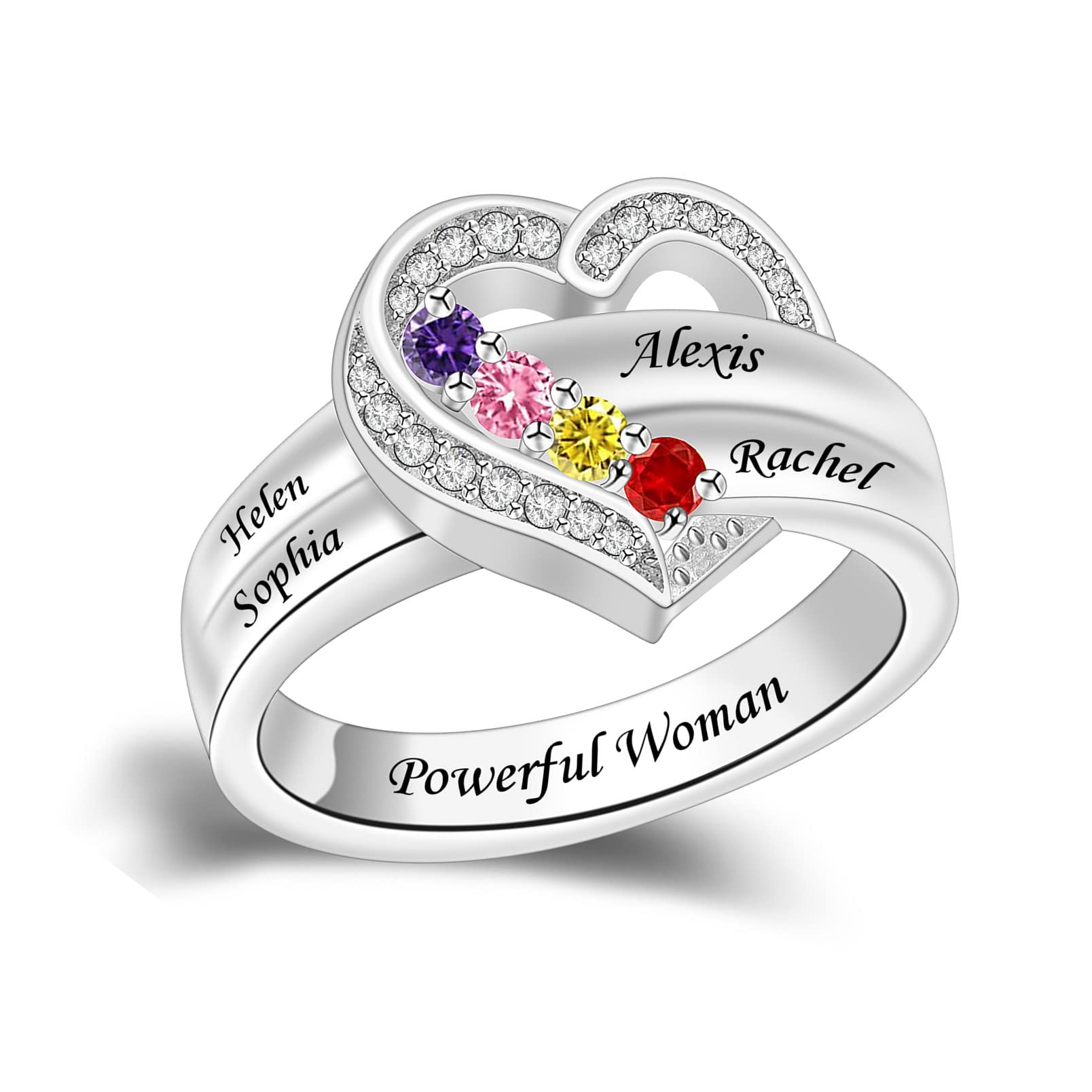 Seecoco Personalized Mothers Rings with 1-8 Simulated Birthstones Heart Mother Ring with Names Custom Mother Daughter Ring Jewelry for Women Family Ring for Mom Wife Grandmother (4 Stone)