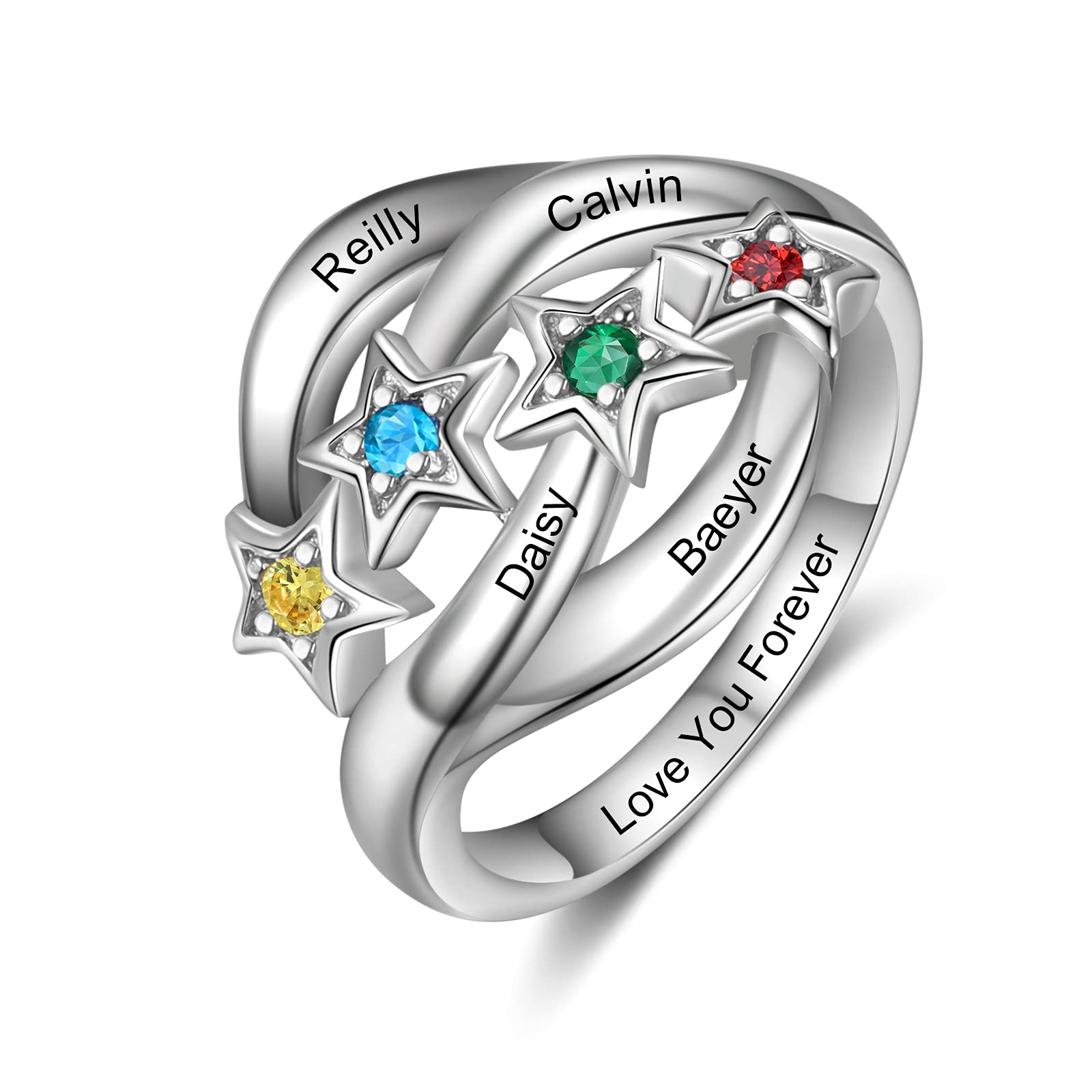 Personalized Star Mothers Ring with Engraved 1-4 Names & Simulated Birthstones Sterling Silver Promise Ring for Grandmother Mother Wife Family Jewelry Gifts Accompany You Through the Long Years (4 birthstones & names)