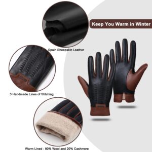 FIORETTO Mens Winter Genuine Leather Gloves Cashmere and Wool Lined Warm Touchscreen Leather Driving Gloves Cognac Large