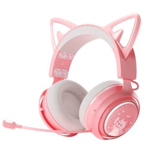 easars wireless cat ear headphones, pink gaming headset bluetooth 5.0 for smartphone, retractable mic, 50mm drivers, rgb lighting headset with mic (usb dongle not included)