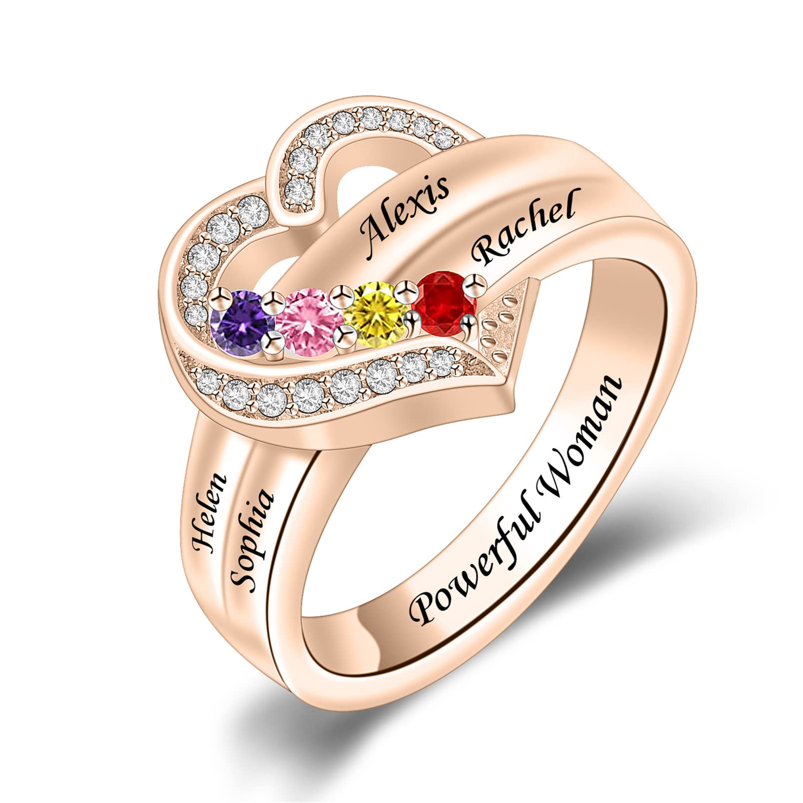 Seecoco Personalized Mothers Rings with 1-8 Simulated Birthstones Heart Mother Ring with Names Custom Mother Daughter Ring Jewelry for Women Family Ring for Mom Wife Grandmother (4 Stone)