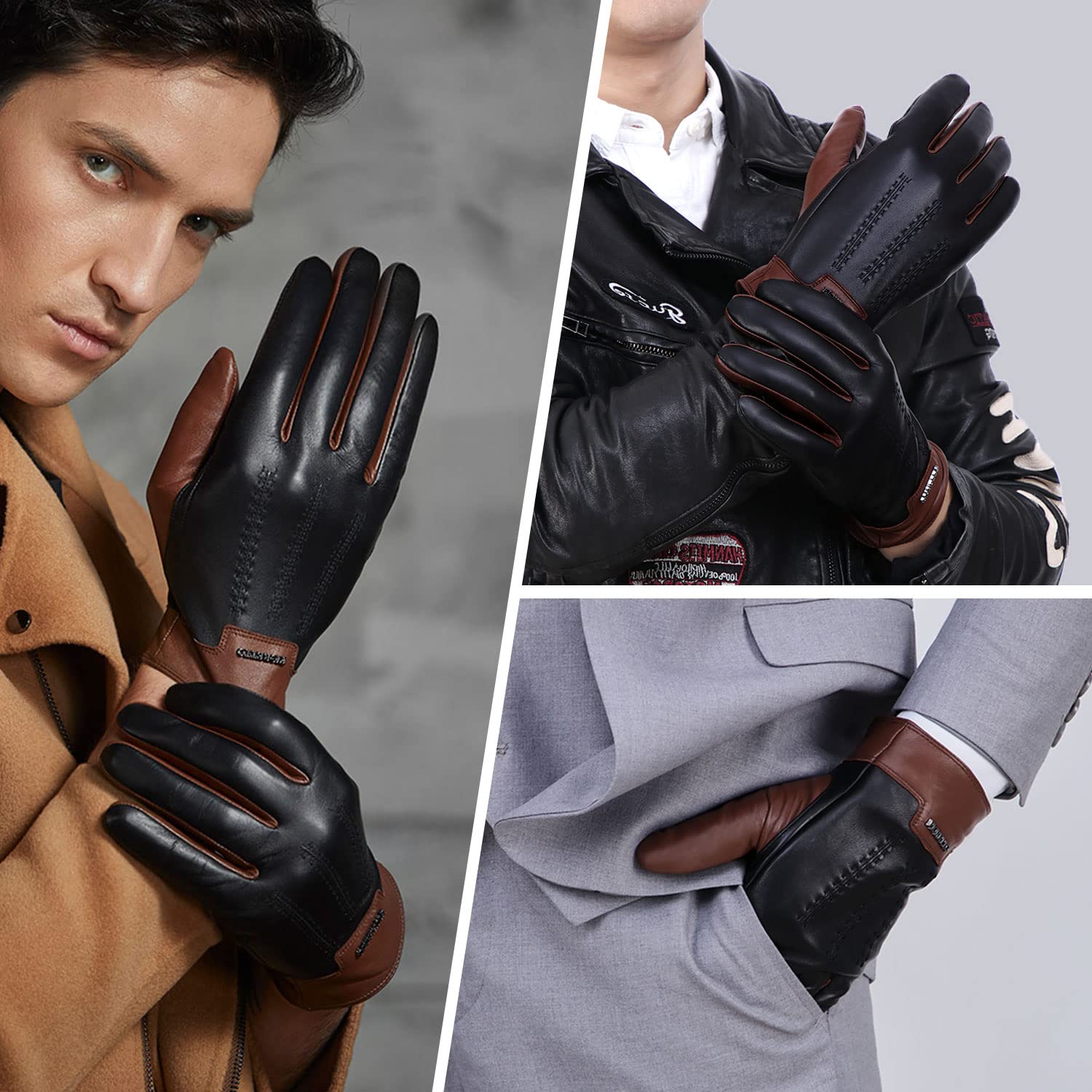 FIORETTO Mens Winter Genuine Leather Gloves Cashmere and Wool Lined Warm Touchscreen Leather Driving Gloves Cognac Large