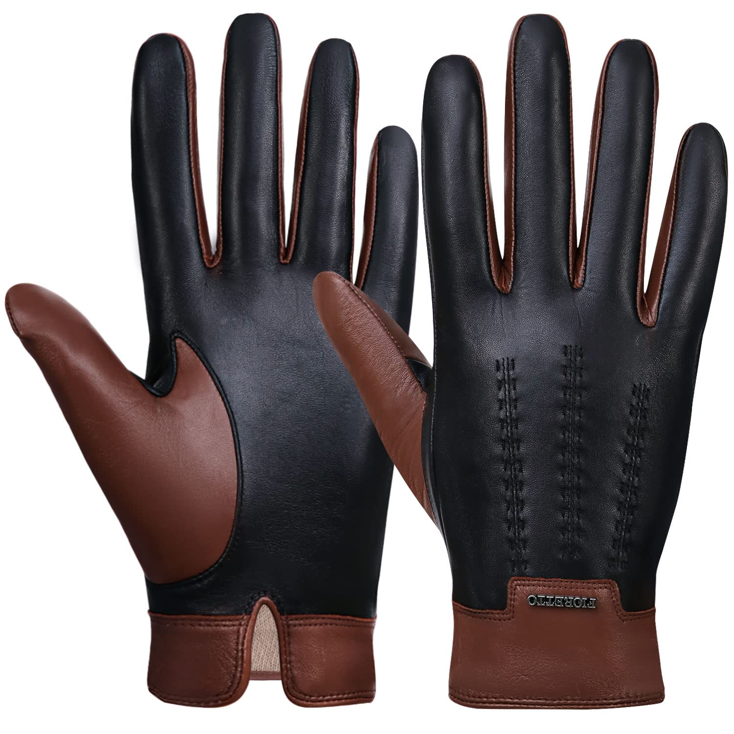 FIORETTO Mens Winter Genuine Leather Gloves Cashmere and Wool Lined Warm Touchscreen Leather Driving Gloves Cognac Large