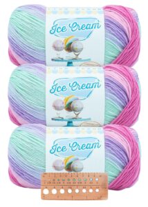 lion brand yarn - ice cream - 3 pack with needle gauge (ube)