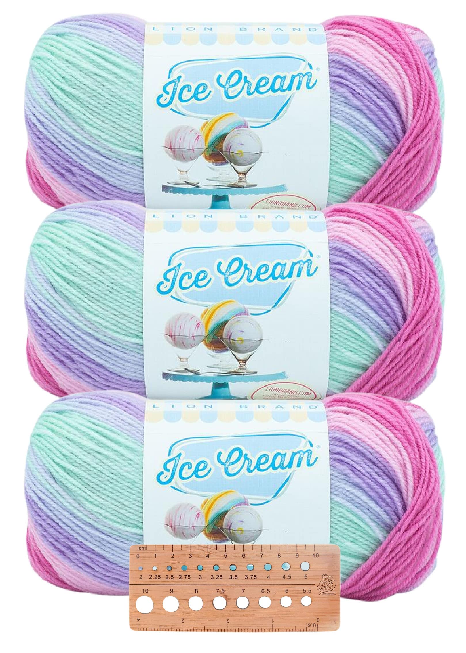 Lion Brand Yarn - Ice Cream - 3 Pack with Needle Gauge (Ube)