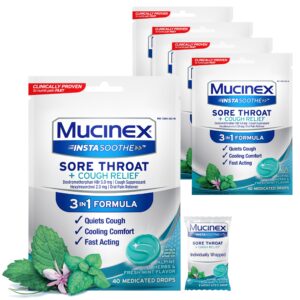 mucinex instasoothe sore throat + cough relief alpine herbs & mint flavor, fast acting, cooling comfort, powerful sore throat oral pain reliever, 40 medicated drops (40 count (pack of 5))