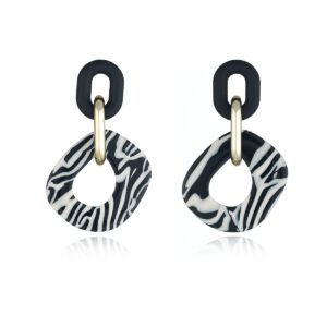 fashion circle dangle earrings acrylic black white zebra print geometric round drop earrings chunky paperclip chain link dangling earrings statement trendy jewelry gift for women