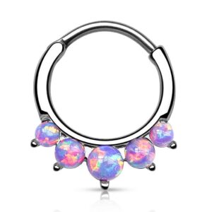 five paved opal round surgical steel bar nose septum ring clicker 16g - purple