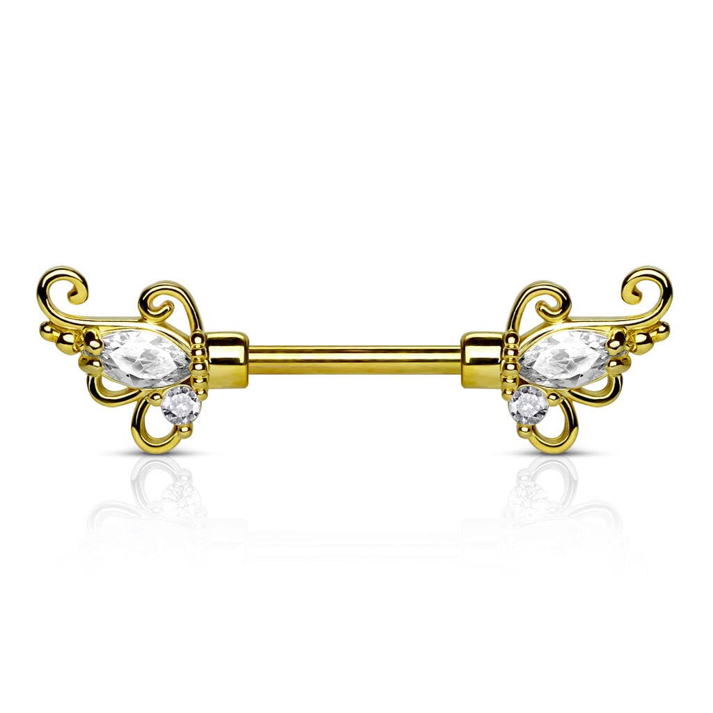 Pair of CZ Floral 14K Gold Plated Surgical Steel Nipple Rings Barbells 14g 1/2" - Gold