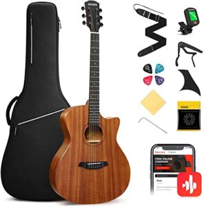 donner acoustic guitar beginner full size 41 inch soild mahogany top cutaway grand auditorium adult starter bundle kit with gig bag strap tuner capo pickguard string 4 picks cloth right hand black