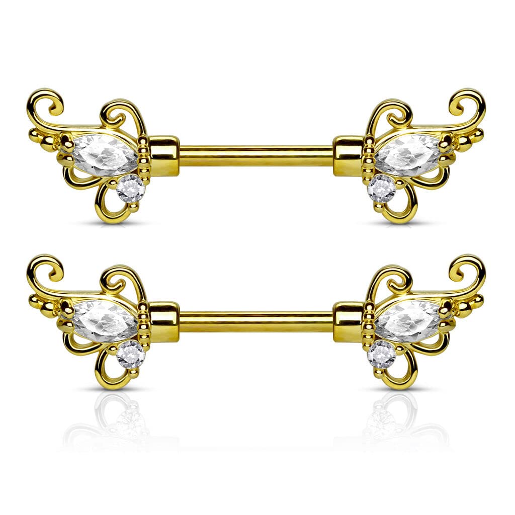 Pair of CZ Floral 14K Gold Plated Surgical Steel Nipple Rings Barbells 14g 1/2" - Gold