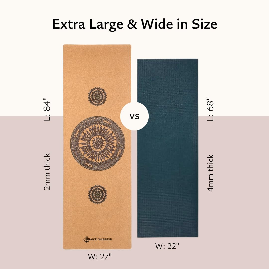 Shakti Warrior Mandala Cork Yoga mat,Extra Long and Wide,Artist Designed, Premium eco friendly mats, Non Slip, Great for Regular & Hot Yoga, Pilates and Work out (84 inchx27 inchx2mm Thick)