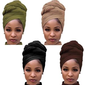 youme stretch jersey turban head wraps african for women dreadlocks scarf ultra soft headband long hair breathable solid color tie large headbands, black+coffe+light brown+army green