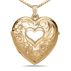 picturesongold.com personalized gold heart locket necklace for women with 4-page photo's heart locket necklace 1 1/4 inch x 1 1/4 inch in 14k gold