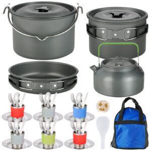 meetsun camping cookware set 37 pcs,large size hanging pot with camping pots and pans set,camping cooking set for 6 person, camping mess kit wiht cups dishes forks spoons knives for camping hiking