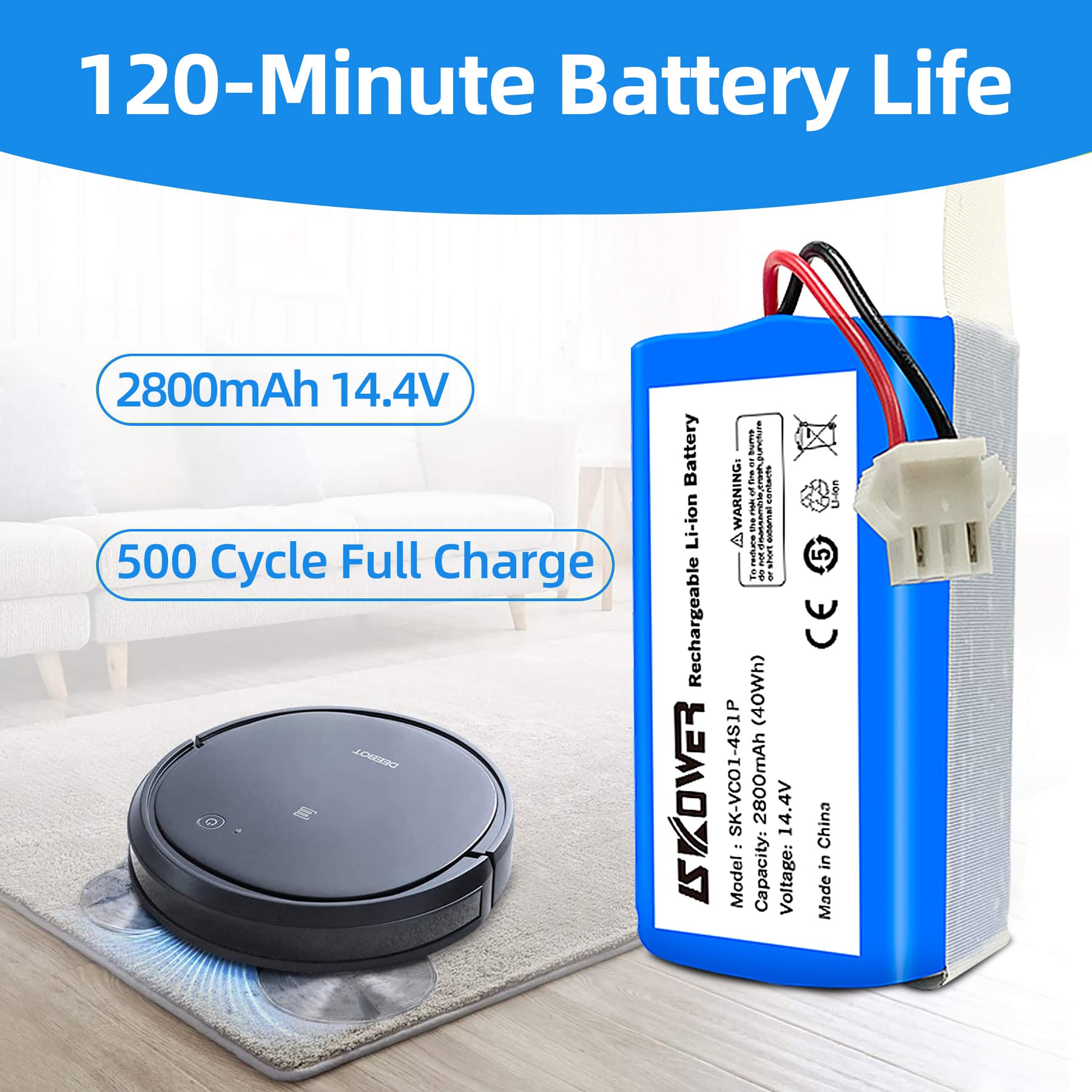 SKOWER 14.4V 2800mAh Replacement Battery Compatible with Coredy R300 500 550+ R650 R3500 R3500S X500 Amarey A900 Goovi D380 C800 Shark RV750 Eufy RoboVac 11S Robot Vacuum Battery