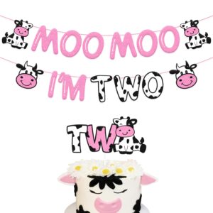 moo moo i’m two birthday decoration cow theme 2nd birthday banner cow two cake topper kids boy girl’s happy second birthday party supplies glitter pink decor