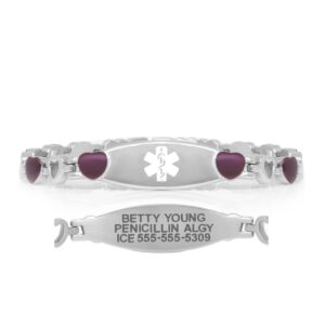 medical alert bracelet for women, purple and silver stainless steel heart link bracelet, custom engraving, 1 year warranty, custom sized, waterproof and durable, lauren's hope medical id (purple and silver, 6.5 inch)