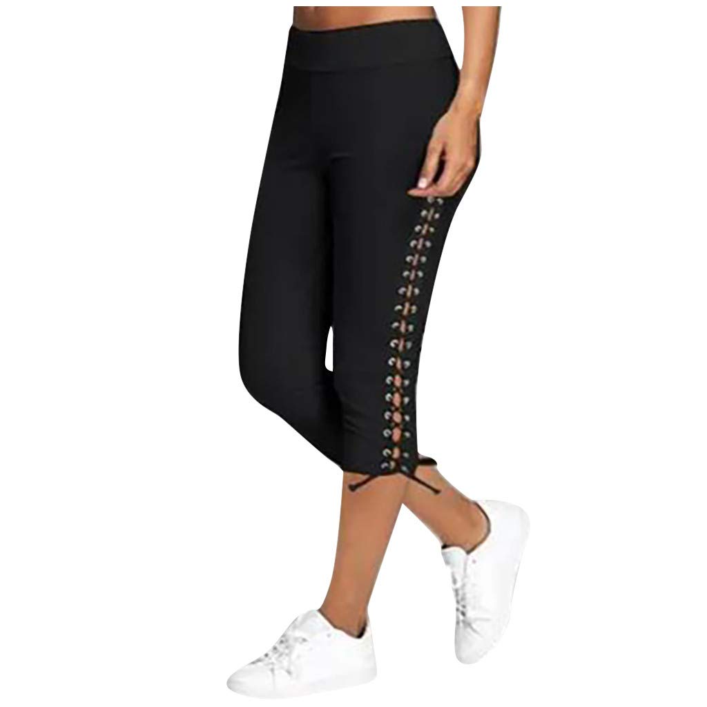 Burband Womens Side Lacing Solid Pants Bandage Slim Thick Lace Up Leggings Tights Cropped Yoga Workout Capris Sweat Pants Black, X-Large