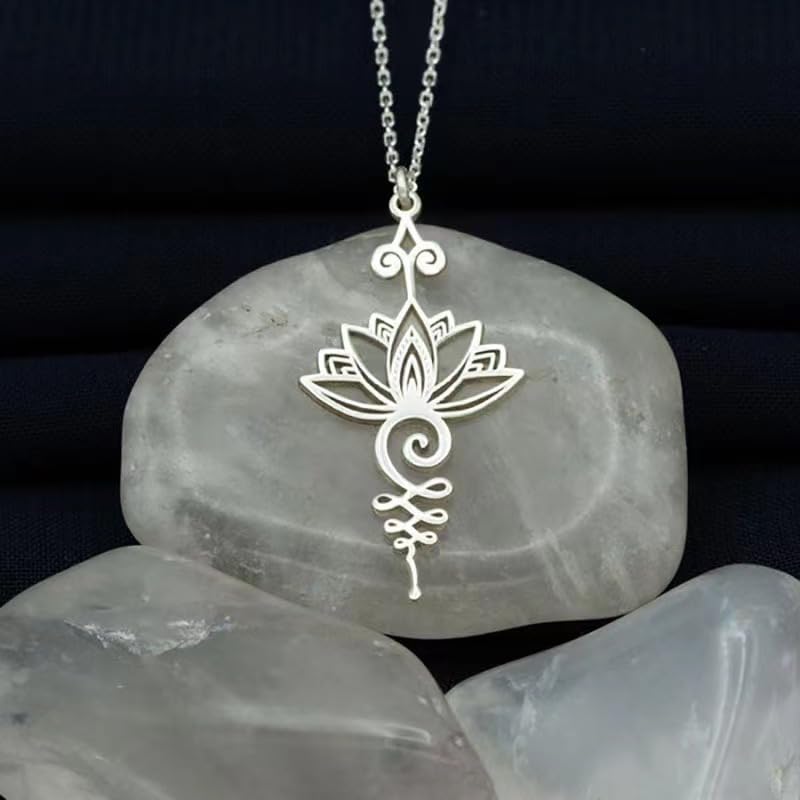 Unalome womens Pendant Necklace Hippie Necklace.Unalome Necklace with Lotus Flower-Yoga Jewelry, Silver