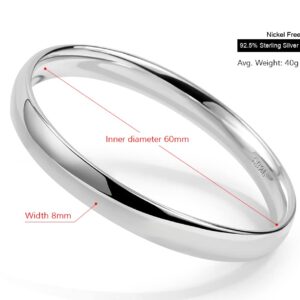 Meilanduo Solid 925 Sterling Silver 8mm High Polished Smooth Circle Bangle Bracelet for Women (Silver-Tone, 60mm for Small)