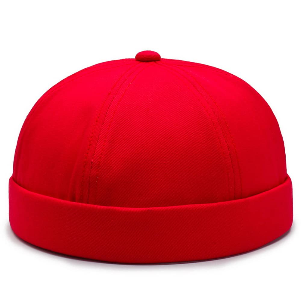 Mens Adjustable Brimless Hat Cotton Rolled Cuff Retro Docker Beanie Hat Sailor Cap Red