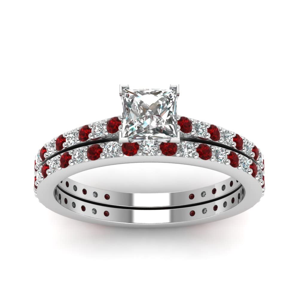 55Carat Classic Delicate Diamond Wedding Set 925 Sterling Silver Created Ruby Princess shape Red colorWedding Ring Sets Prong Setting in Size 7