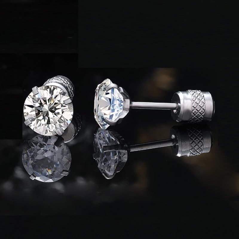 Titanium Screw Back Pack of Earrings Cubic Zirconia CZ Studs for Women Men 20G Helix Piercing Post 316L Surgical Stainless Steel Hypoallergenic for Sensitive Ears Simulated Diamond Set