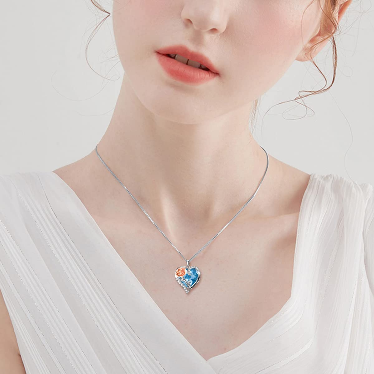 TOUPOP Rose Flower Necklace S925 Sterling Silver Floral Heart Pendant Necklace with March Birthstone Crystal Birthday Jewelry Gifts for Women Wife Mom