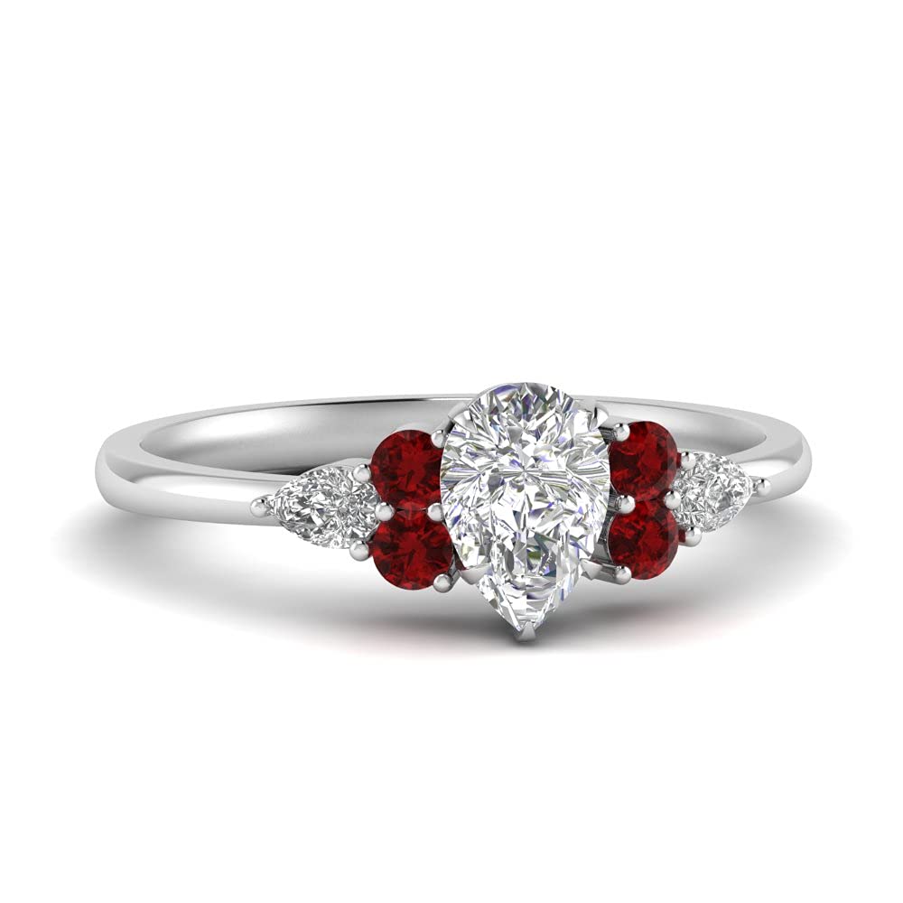 Gemsonclick Thanksgiving Gift ring set mom gift wedding ring handmade 925 Sterling Silver Created Ruby Pear Shape Red Color Side Stone Basket Setting in Size 7