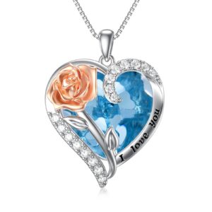 toupop rose flower necklace s925 sterling silver floral heart pendant necklace with march birthstone crystal birthday jewelry gifts for women wife mom